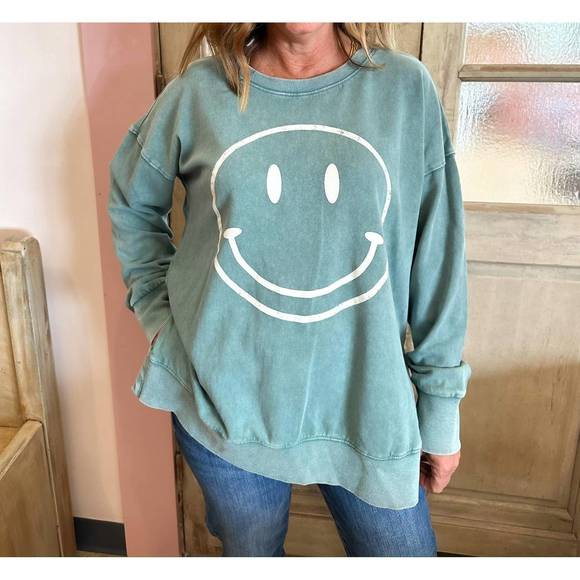 easel | Tops | New Easel Smiley Face Washed Sweatshirt In Teal | Poshmark